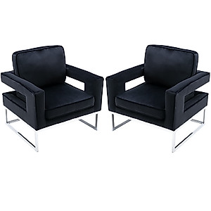 CIMOO Velvet Accent Chair Set of 2 with Back for Living Room, Modern Armchair for Bedroom Tufted Single Sofa Chair Upholstered Comfy Reading Chair Extra Wide Arm Chair with Sliver Legs, Black