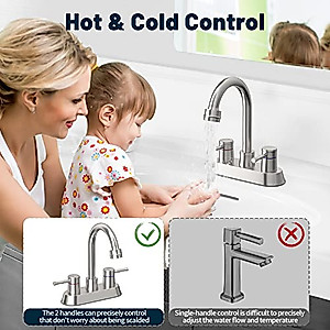 yeulluey 360 Swivel Spout Bathroom Sink Faucet with 2 Water Supply Lines, Brushed Nickel Lead-Free Bathroom Faucets Stainless Steel 4 Inch 2 Handle Centerset Faucet for Bath Basin 2 3 Hole