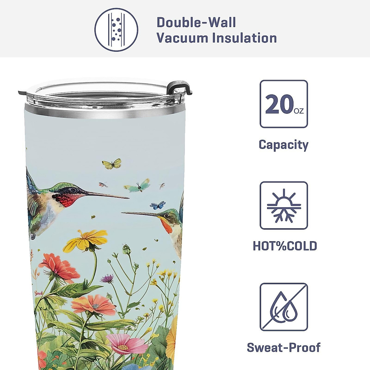Wassud Flying Hummingbirds 20 oz Tumbler with Lid and Straw Stainless Steel Double Wall Vacuum Tumblers Insulated Travel Coffee Mug for Cold and Hot Drinks