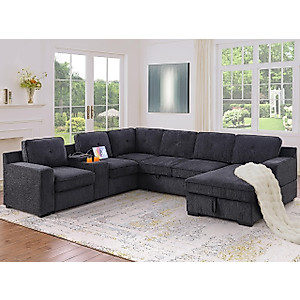 Ball & Cast 120" Sofa Bed with Pull Out Storage,5 Seat Sectional Couch with Cup Holder & USB Port,2 in 1 Design,for Living Room,Lounge,Apartment,Dark Grey