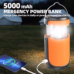 Juvihuxy LED Camping Light 5000ma Solar Powered/ Hand Crank/ USB-C Rechargeable Camping Lights, Rechargeable Flashlight Portable Survival Light Waterproof for Emergency Home Power outages Failure