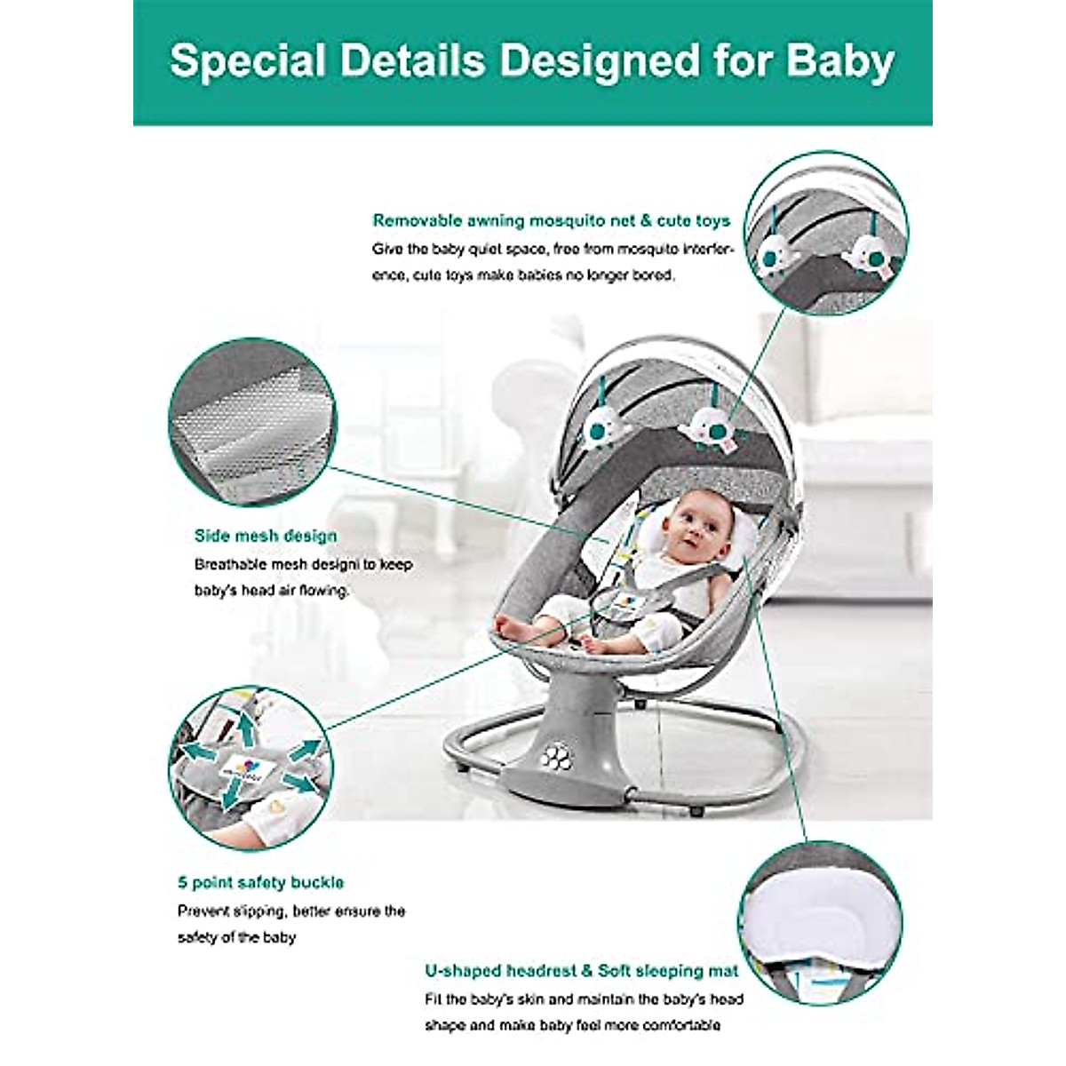 Baby Bouncer Baby Cradle Portable Swing Infant Motorized Adjustable Rocker with Bluetooth Music Speaker and 5 Swaying Gears Preset Lullabies and Smooth Remote Control (Grey)