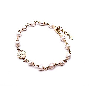 SIFRIMANIA Freshwater Cultured Pearls Catholic Image Adjustable Bracelet for Women Bride Jewerly (Saint Benedict Medal)