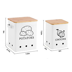 Candco Set of 2 White Vegetable Storage Tins with Wooden Lids for Potatoes, Onions, and Garlic - Long Shelf Life and Convenience