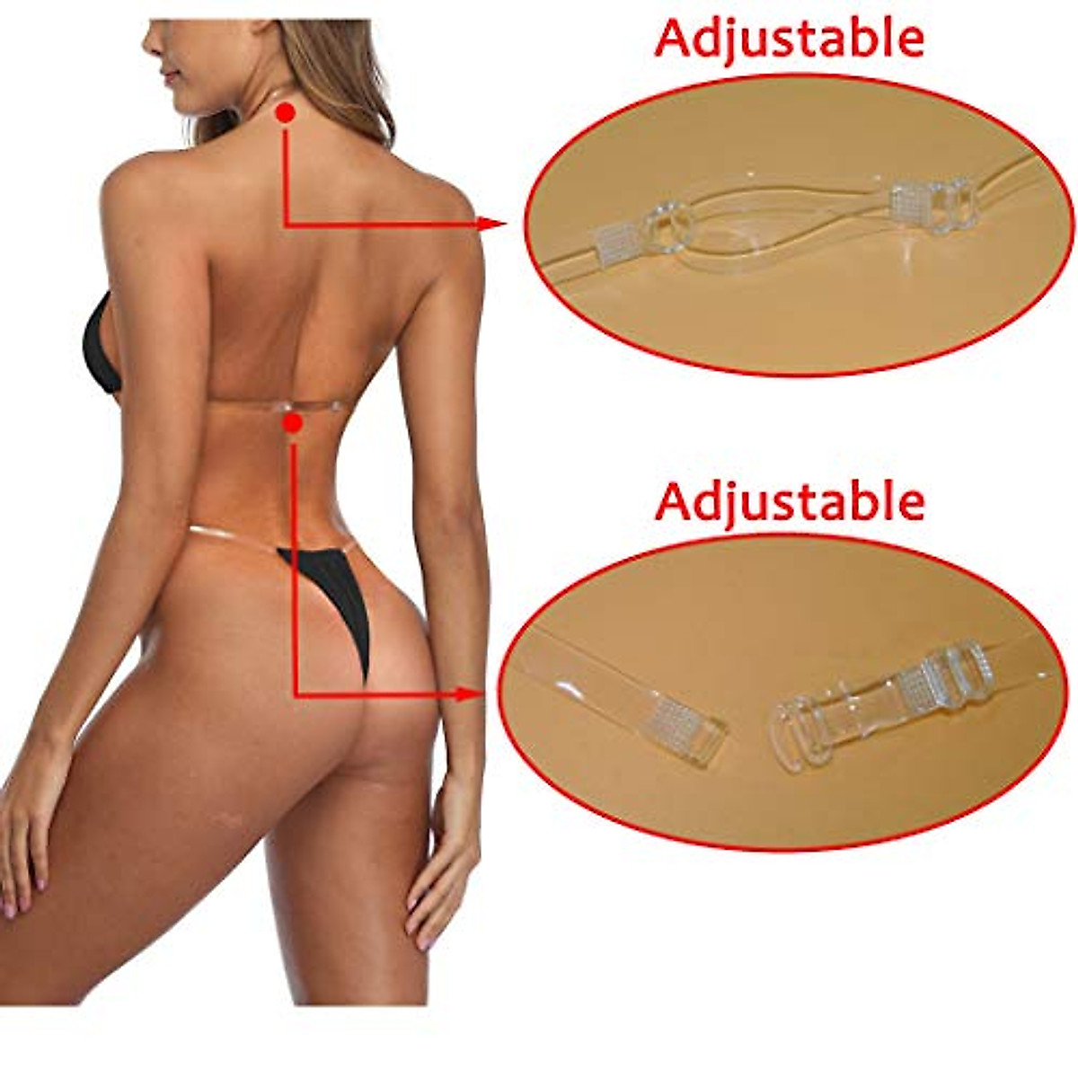 SHERRYLO Clear Straps Thong Bikini Swimsuit for Women Cheeky Brazilian Thongs Bikinis Sexy No Tan Line String Bathing Suits