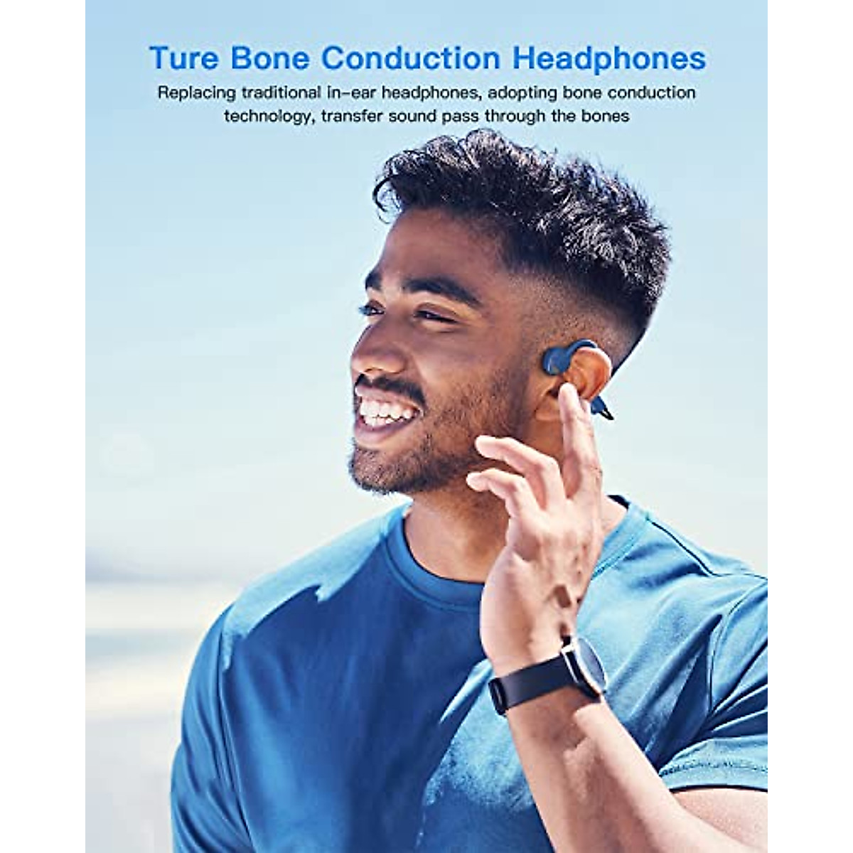 Bone Conduction Headphones Bluetooth,Open Ear Headphone with Mic,Wireless Waterproof Sweatproof Sports Headset Conducting Earbuds Induction Earphones for Running,Cycling,Walking,Workout,Gym (Blue)