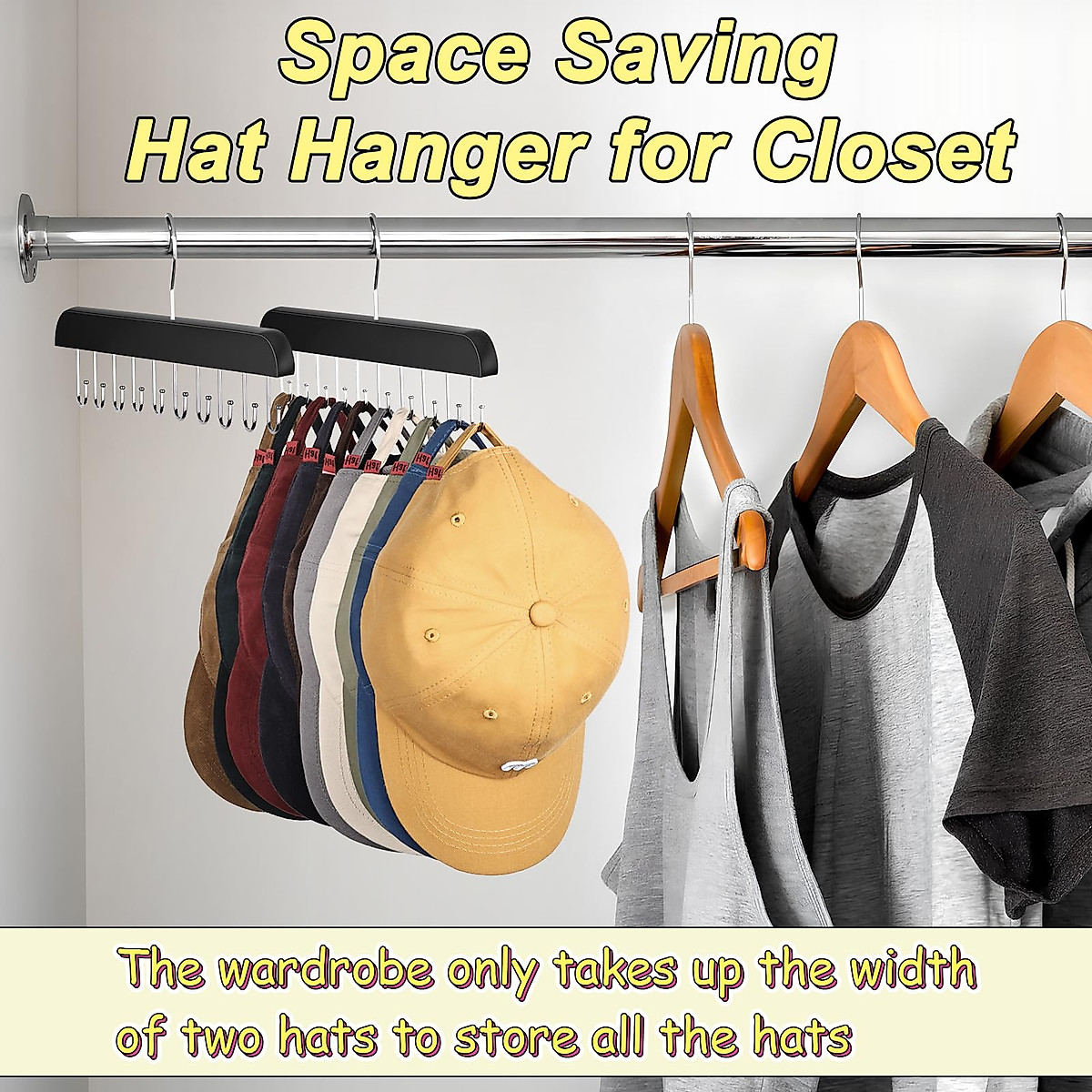 RESOVO 2 Pack Hat Hanger for Baseball Caps, Space Saving Hat Organizer w/ 10 Stainless Steel Hooks, Wooden Hats Rack Holder - Closet Storage Solution, No Mark Left Behind Black