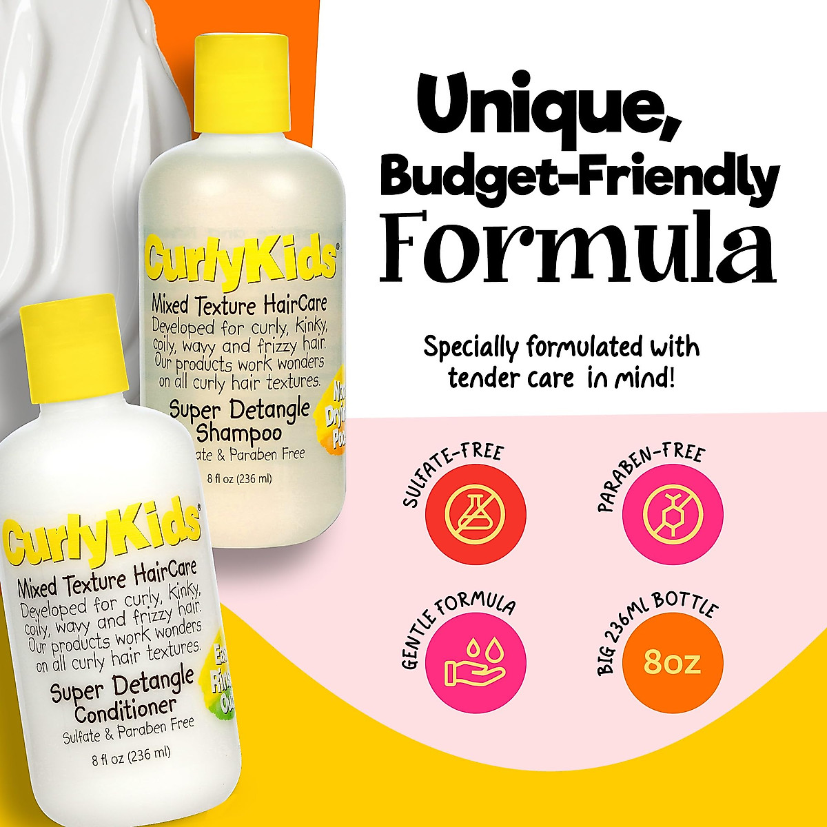 CurlyKids Super Detangle Kids Shampoo & Conditioner Set, Frizz-Free Care for Curly, Kinky, Wavy, and Frizzy Hair - Sulfate & Paraben-Free Hair Care