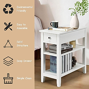 Giantex Narrow End Table, Small Side Table with Drawer and Shelf, Wood Accent Sofa Table, Skinny Nightstand for Small Space Living Room Bedroom (1, White)