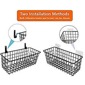 Joben Oligey 6 Set (2 SIZE) Hanging Wire Baskets ,Wall Mount Fruit Basket,No Drilling,Adhesive Metal Basket,Farmhouse Food Storage Mesh Bin Kitchen Pantry Laundry Bathroom Closet Garage RV ,Black