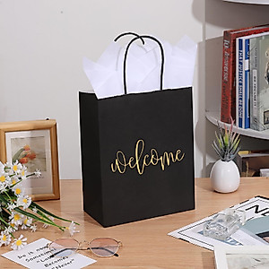 DjinnGlory 50 Pack Medium Black Welcome Paper Gift Bags with Handles and 50-Sheet White Tissue Paper for Wedding Hotel Guests Engagement Bridal Shower Birthday Party Favors (10''x8''x4'')