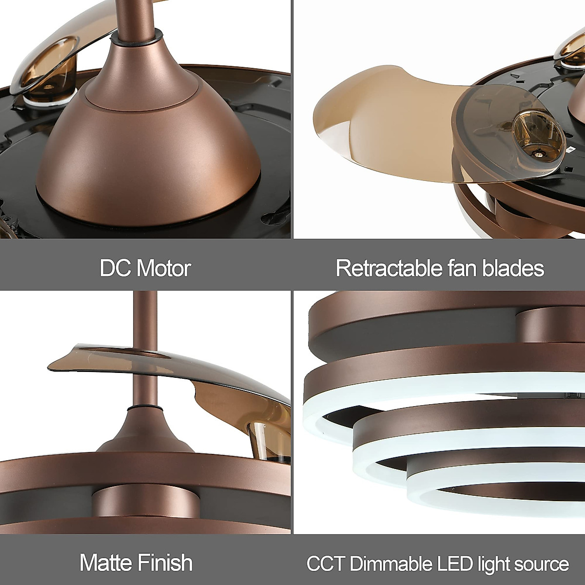 Cusp Barn 42" Retractable Fandelier Ceiling Fan with Lights Remote - Silent Dimmable Modern 6 Speed LED Chandelier Fan for Bedroom Living Room Kitchen