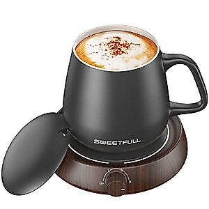 SWEETFULL Mug Warmer for Coffee and Tea Coffee Mug Warmer W/12 oz Mug and Lid Coffee Warmer As Coffee Gifts for Desk Office Coffee Lovers. （20W Cup Warmer Candle Warmer Auto Shut Off） (Wood Grain)