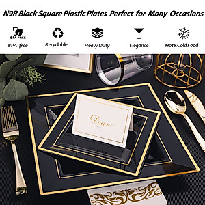 N9R 60 Pack Black Square Plastic Plates with Gold Rim Include 30 Disposable Dinner Plates 9.5 Inch and 30 Dessert Plates 6.5 Inch, Fancy Plates for Party, Wedding, Halloween and Daily Use