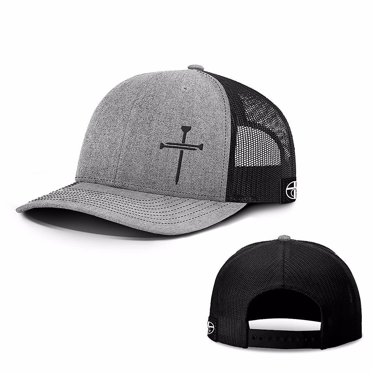 Nail Cross Christian Trucker Hat - Adjustable Fit Cotton Snapback Hat - Breathable Mesh Side for Casual Wear (Heather Front/Black Mesh)