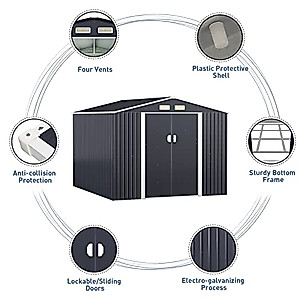 HOGYME 10.5' x 9.1' Storage Outdoor Shed, Large Sheds & Outdoor Storage Clearance Suitable for Tool Bike Lawn Mower Ladder, Metal Garden Shed w/ Lockable/Sliding Door, Gray