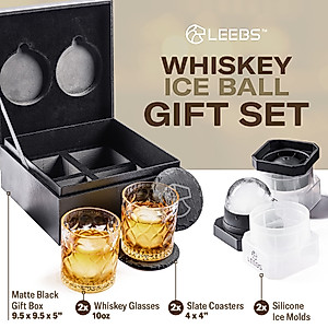 LEEBS Whiskey Set - Whiskey Gifts for Men - Whiskey Glasses Set of 2, 2 Large Sphere Ice Molds, 2 Slate Coasters, Gift Box - Bourbon Gifts for Men, Dad, Husband, Birthday, Anniversary, Christmas