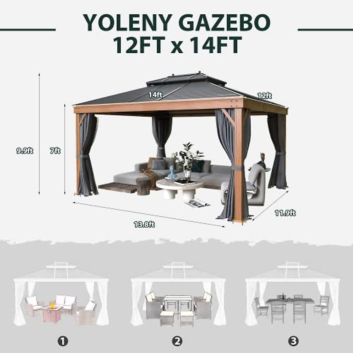 YOLENY 12' x 14' Hardtop Gazebo Faux Wood Grain Metal Gazebo with Aluminum Frame, Galvanized Steel Double Roof, Outdoor Patio Gazebo Pergolas with Netting and Curtains for Backyard, Patio, Lawns