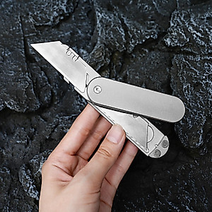 ainhue A33 Unique Deployment Titanium Alloy Pocket Utility Knife, 10pcs Replaceable Blades, 3.3 inches Handles with Pocket Clip, Heavy Duty Box Cardboard Cutter