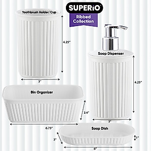 Superio Ribbed Collection - Decorative Plastic Bathroom Accessories Set, White (Set of 4) Soap Dish, Liquid Dispenser, Toothbrush Holder Cup, Vanity Organizer Tray Bathroom Countertop Decor Gift