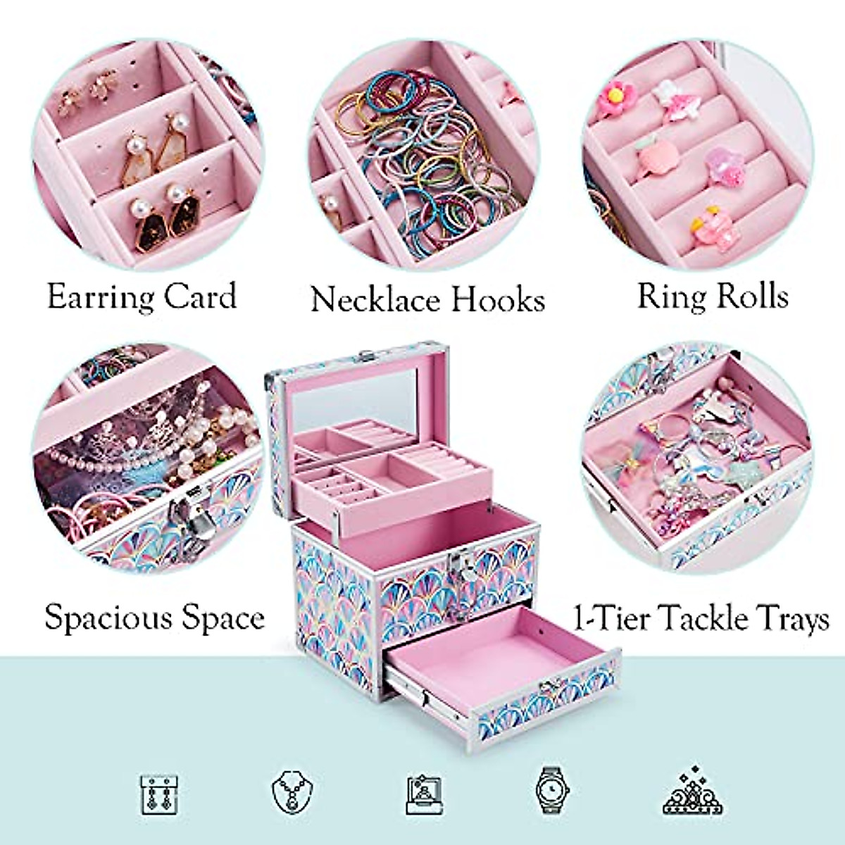 Hododou Girls Jewelry Box Organizer with Drawer & Mirror, Mermaid Tail Style Lockable Storage Case for Kid or Little Girls Jewelry and Hair Accessories