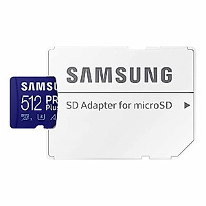 SAMSUNG PRO Plus microSD Memory Card + Adapter, 512GB MicroSDXC, Up to 180 MB/s, Full HD & 4K UHD, UHS-I, C10, U3, V30, A2 for Android Phones, Tablets, GoPRO, DJI Drone, MB-MD512SA/AM, 2023