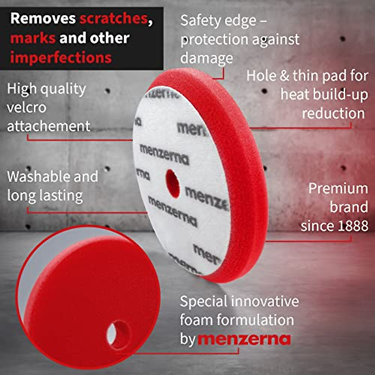 menzerna 6 Inch Polishing Pad Heavy Cut for Scratch Repair I Body Repair and Detailing Pads with Safety Edge & Velcro Attachment I Washable & Long Lasting I Thin Pad with Hole for Anti Heat Build-Up