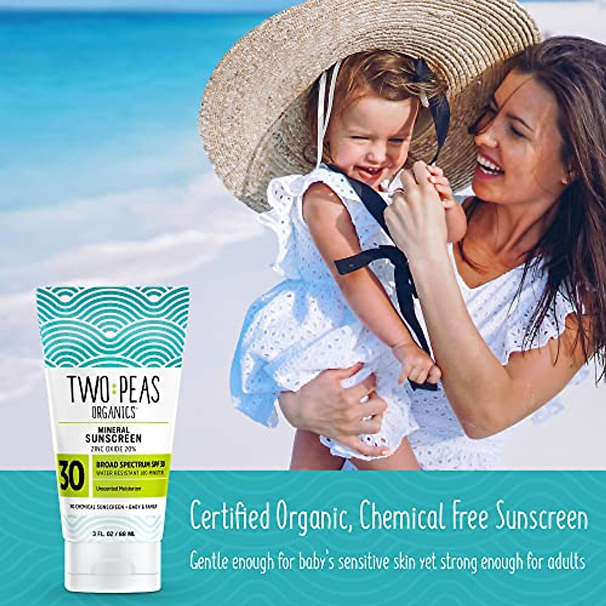 Two Peas Organics - All Natural Organic SPF 30 Sunscreen Lotion - Coral Reef Safe - Baby, Kid & Family Friendly - Chemical Free Mineral Based Formula - Waterproof & Unscented - 3oz (1 Pack)