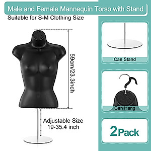 Geetery 2 Pieces Female Mannequin Torso Dress Form with Stand and Hanging Hook Table Top Mannequin Hollow Back Body for Counter Craft Show Photo Design Retail Store Exhibition, S-M Size (Black)