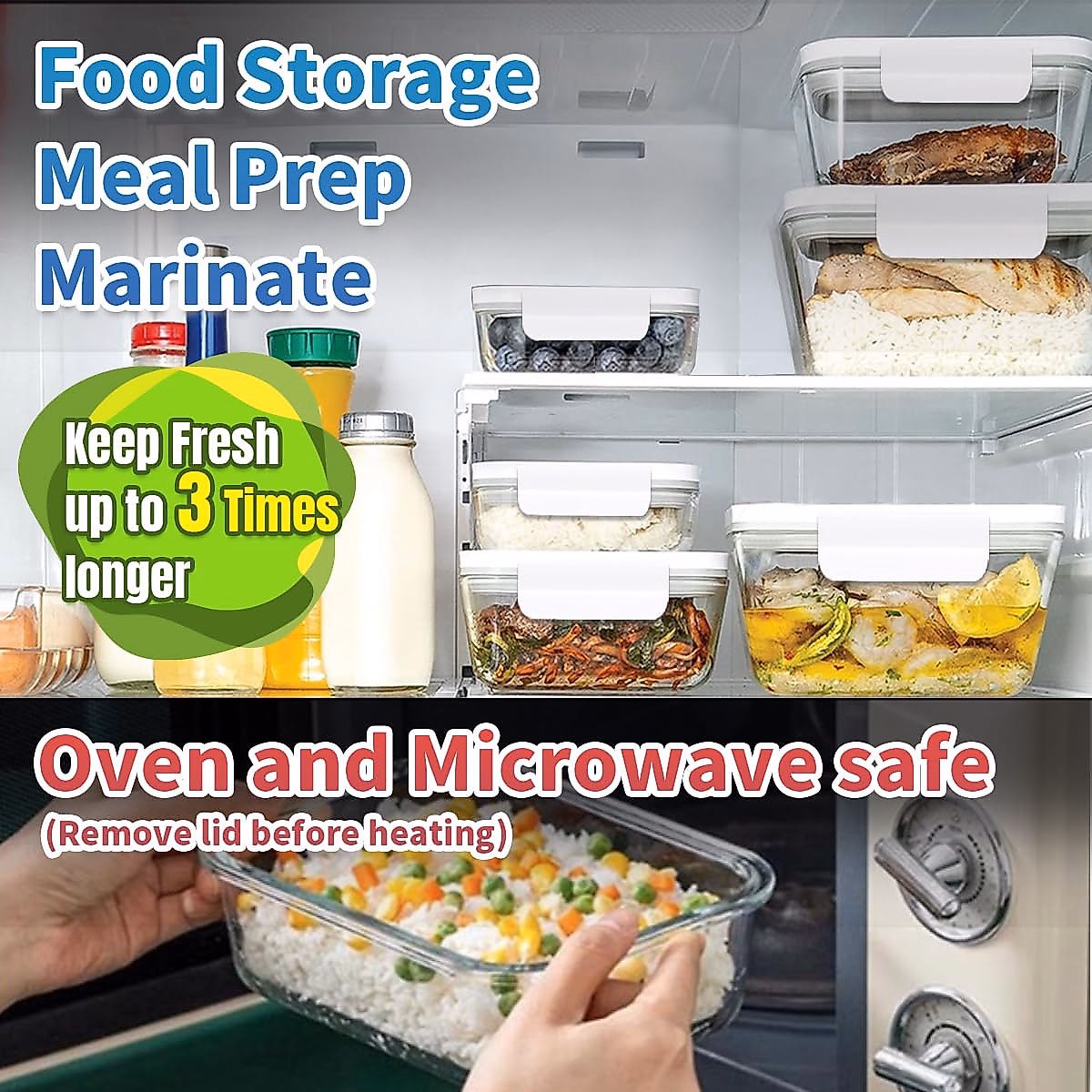 GENIEX Vacuum Containers for Food Storage, Glass Vacuum Seal Containers Set of 3, Food Saver Containers for Vacuum Seal, Easy Clean Marinade container (Rectangular-Glass-3pc | Sealer sold separately)