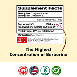 Berberine 1800mg Per Serving, Berberine Supplement, Berberine HCL, Berberine Pills, Berberine Capsules, Cardiovascular & Heart Health, Immune Support, 90 Veggie Capsules