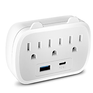 Outlet Extender with USB C, Multi Plug Outlet Adapter with 3 AC Outlets 1 USB & 1 USB-C, Outlets Splitter 1875W, Wall Mount Outlet Extender for Home, Office, Hotel, Travel, Dorm Room-White (1 Pack)