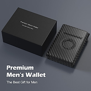 Trifold Wallet for Men with AirTag Holder, Smart Mens Wallet, Pop-Up Card Holder, Cash Slot, Carbon Fiber Case, RFID Blocking, Minimalist Slim Leather Groove Wallet, ID Window, with Gift Box