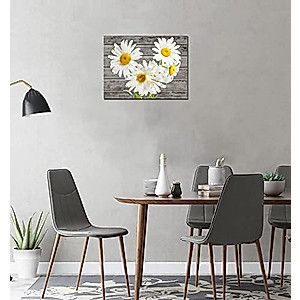 TAOMI White Daisy Flowers Picture Bedroom Bathroom Wall Art Yellow Daisy Flower Wood Grain Canvas Print 12x16 Rustic Farmhouse Floral Artwork for Living Room Office Home Decor Ready to Hang