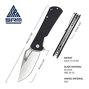 SRM Folding Pocket Knife, D2 Steel Blade, G10 Handle, Pocket Clip, Thumb Hole, Flipper, Ball Bearing Washer, Cool Knives for Outdoor Camping EDC