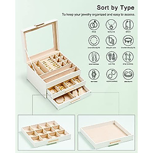 MILONT 3-Layer Jewelry Box for Women - PU Leather Jewelry Organizer with Clear Top - Perfect Jewelry Storage for Rings, Earrings, Necklaces, and Bracelets - Classy Ivory White