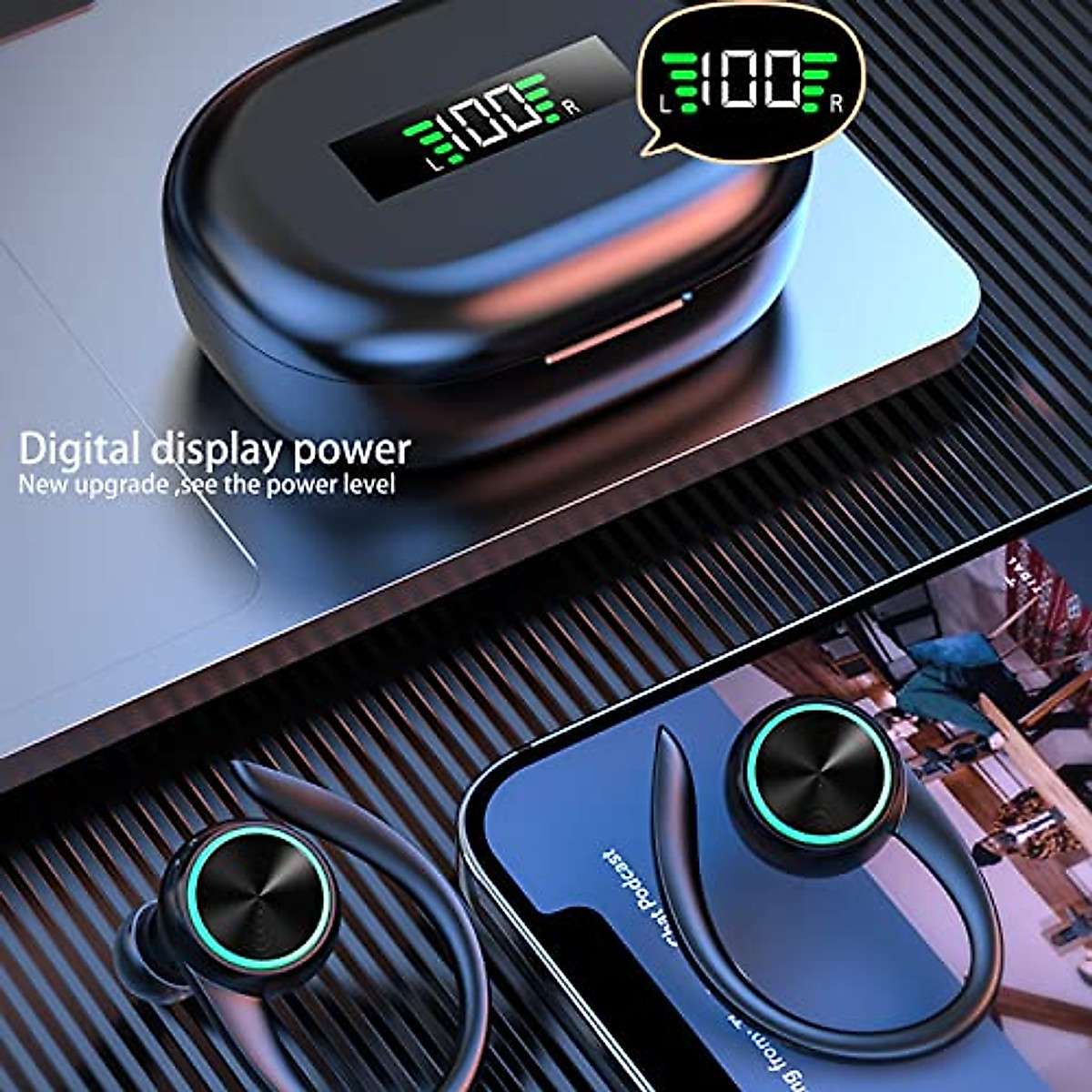 Lovskoo Wireless Earbuds, Over-Ear Bluetooth Earbuds 5.3 Headphones with Earhooks, Wireless Earphones with 50Hrs Playback HD Stereo Audio LED Display for Sports, in Ear Bluetooth Cool Stuff (Black)