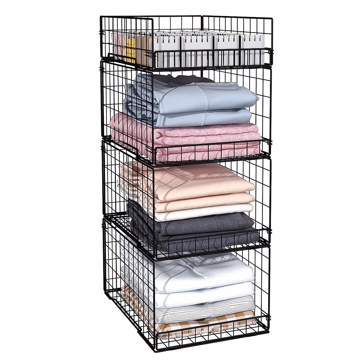 4 Tier Closet Organizers and Storage Shelves for Clothes,4 Pack Stackable Storage Bins Metal Wire Organizer Baskets Containers Drawers with Dividers for Truck Camper RV Closet/Pantries/Wardrobe