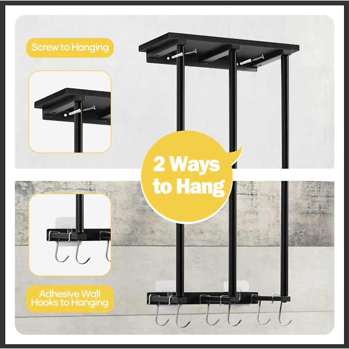 Towel Racks for Bathroom Wall Mounted, MOOACE 3 Bar Adhesive Rolled Towel Holders with Wood Top and 6 Hooks,Metal Bathroom Organizer for Folded Large Towel Washcloths - Black