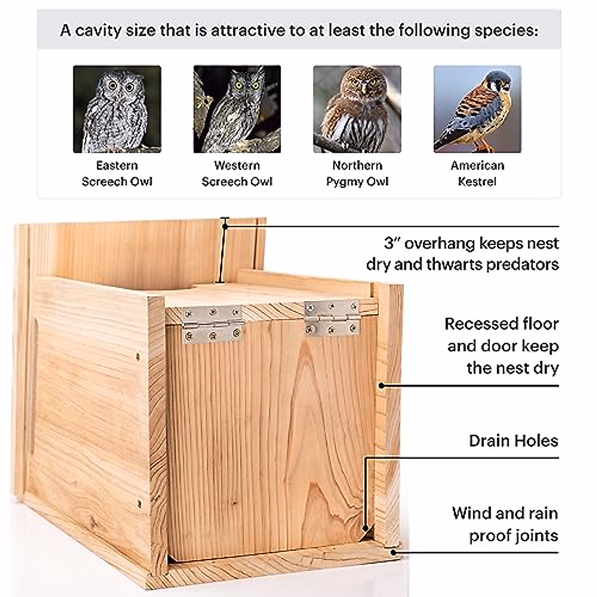 WHITEHORSE Large Cedar Owl House - Premium and Weatherproof Design - 16" x 12" x 11" - A Nesting Box for Screech Owls, Northern Pygmy, Kestrel and Other Species