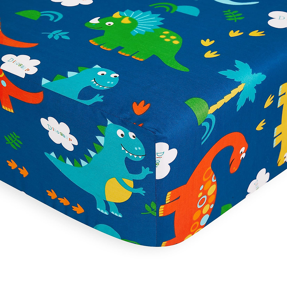 Wake In Cloud - Dinosaur Bed Sheets for Boys, 100% Cotton, 4-Piece Sheet Set Kids, Cute Jurassic Dinosaur Velociraptor Animal Pattern Printed Bedding, Deep Pocket, Navy, Full Size
