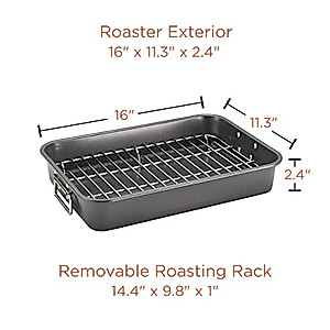 Farberware Bakeware Nonstick Steel Roaster with Flat Rack, 11-Inch x 15-Inch, Gray
