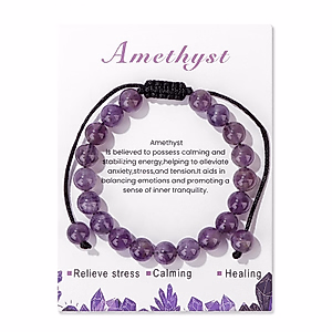 Amethyst Bracelet for Women 8mm Handmade Adjustable Amethyst Crystal Bracelet Natural Stone Purple Beaded Bracelet Healing Crystal Bracelets Amethyst Jewelry for Women