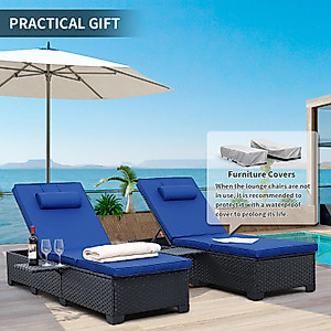WAROOM Outdoor Chaise Lounge Chair PE Wicker Patio Furniture Set of 2 Black Rattan Pool Lounge Chairs Adjustable Backrest Recliners with Royal Blue Cushion