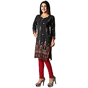 India Kurtis for Women Silk Long Indian Kurta Tunic Party Wear Tops (Black, M)
