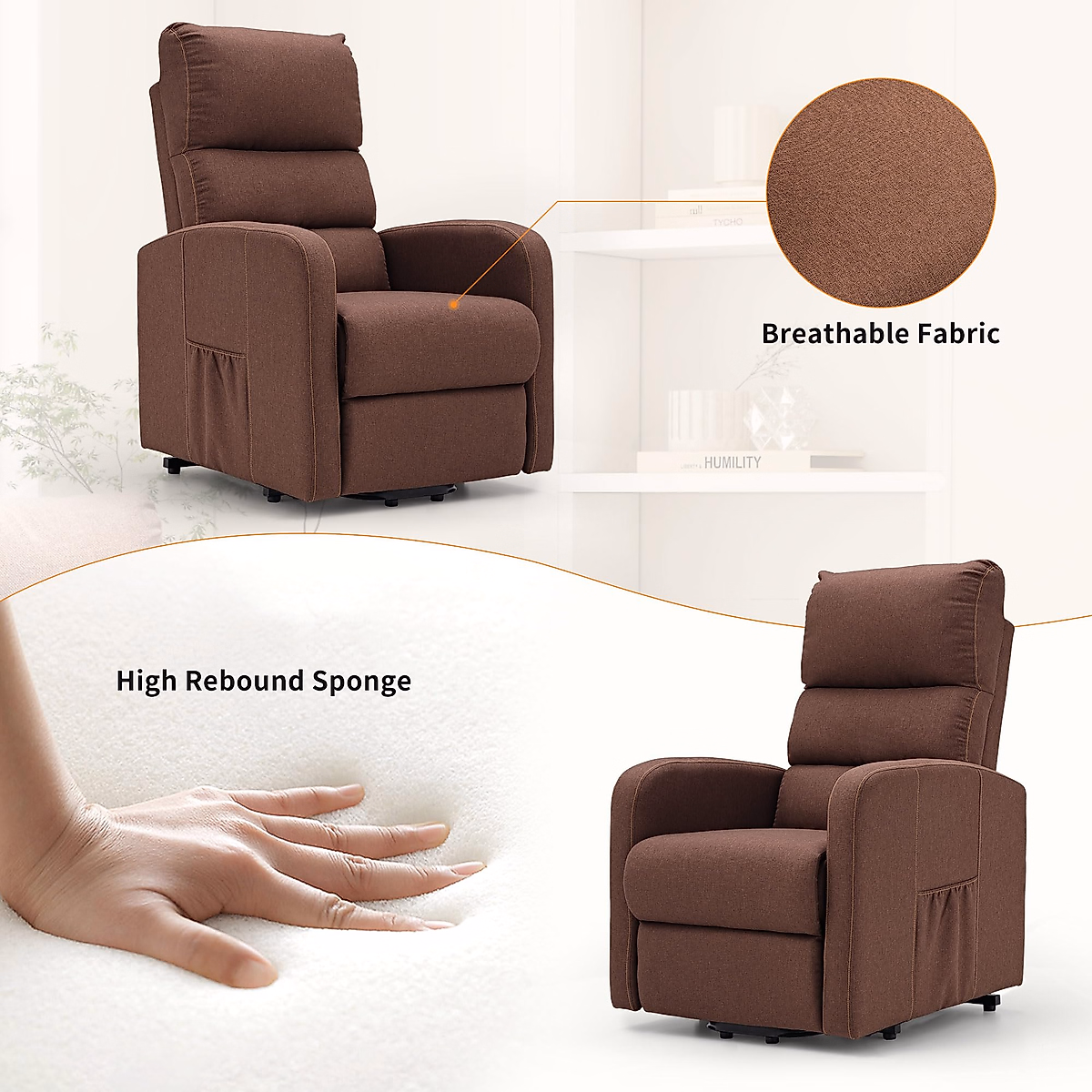 EUREKA ERGONOMIC Power Lift Recliner Chair for Elderly, Small Recliner Chair for Small Spaces, Power Recliner Chair for Living Room, Single Sofa with Infinite Adjust for Back and Footrest, Brown