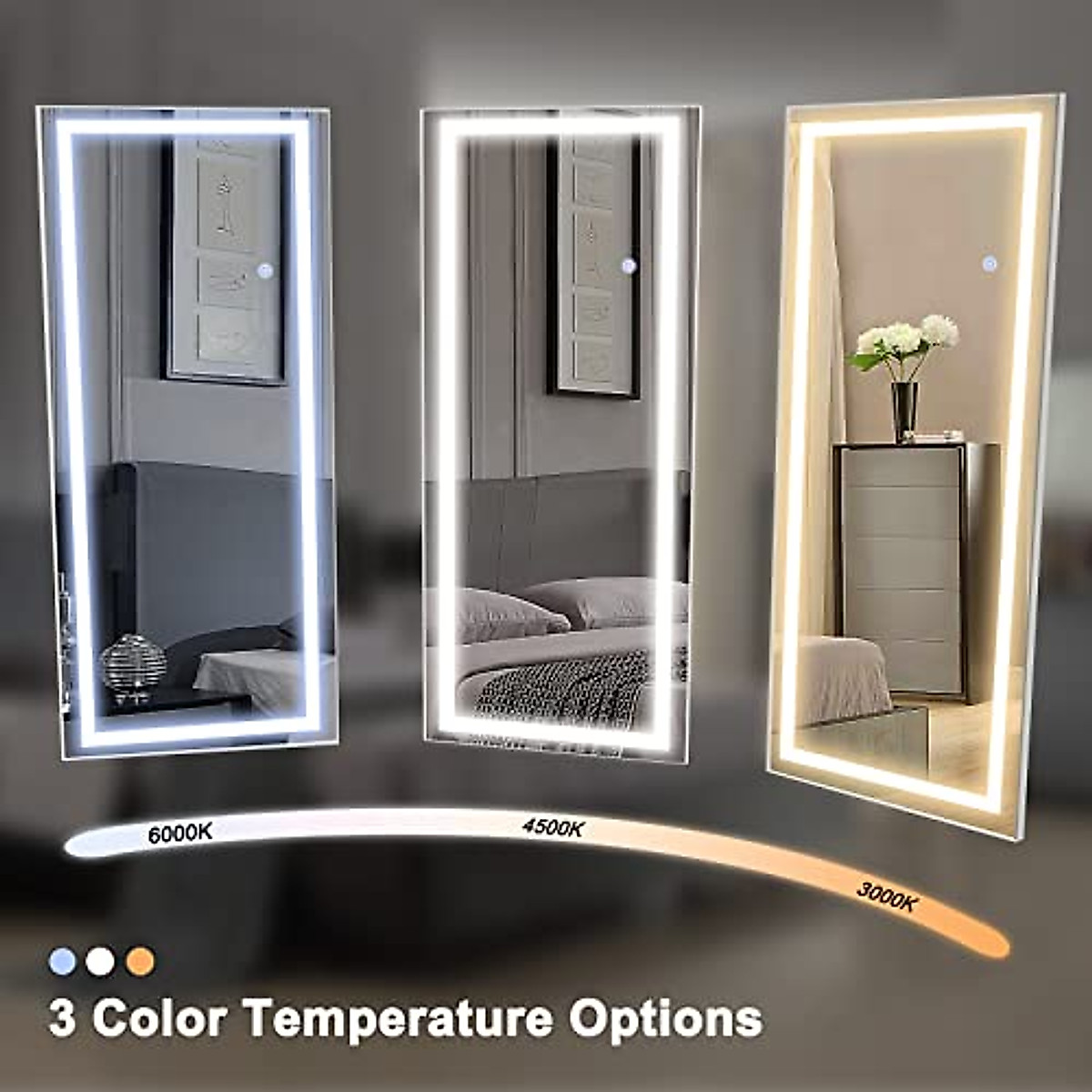 QiMH Vertical 47x22 Inch Wall Mounted LED Lighted Vanity Mirror with Aluminum Frame Backlit, 3 Colors Dimmable Light, Bedroom and Bathroom Hanging Rectangle Whole Body Mirror