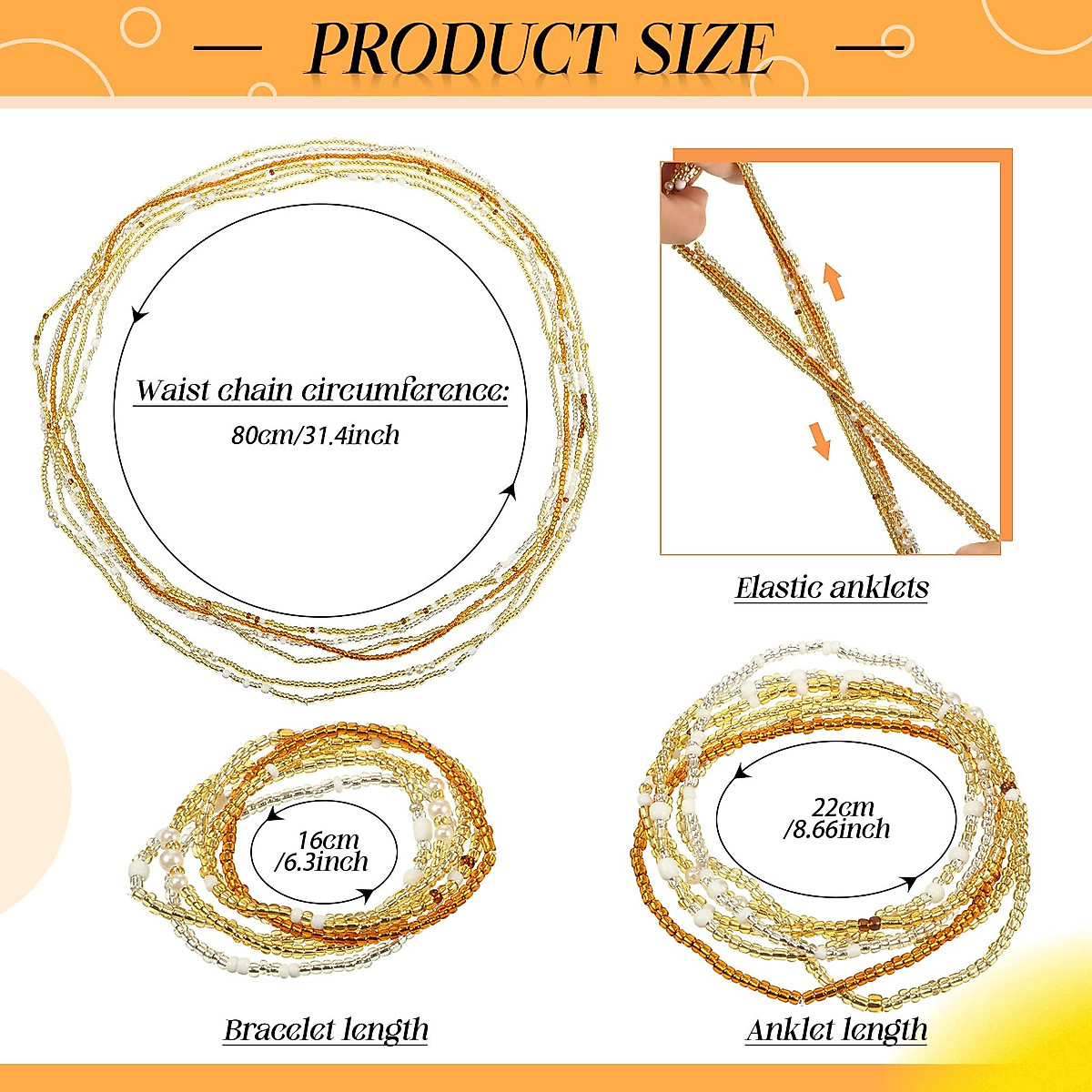 18 Pcs Beads for Waist Beads Chains for Women African Waist Ankle Bracelets Body Chains, Stretchy Waist Beads Chain (Retro Style)