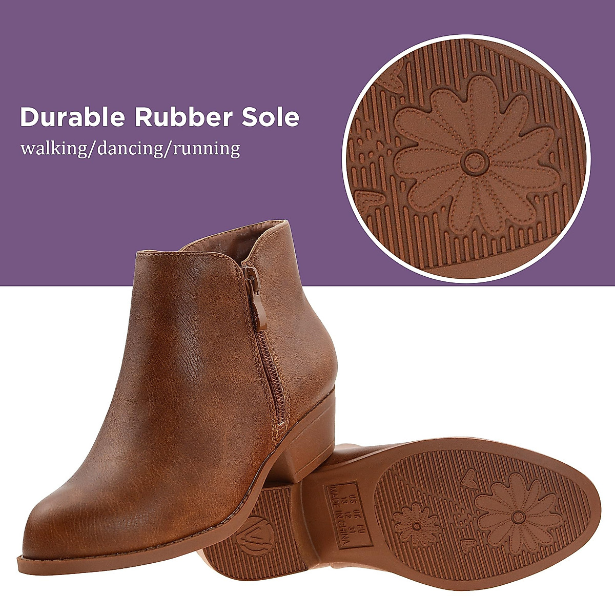 LseLom Girls Ankle Boots Low Heel Side Zipper Fall Winter Booties Outdoor Shoes for Little Kids/Big Kids PU Brown Size US 2