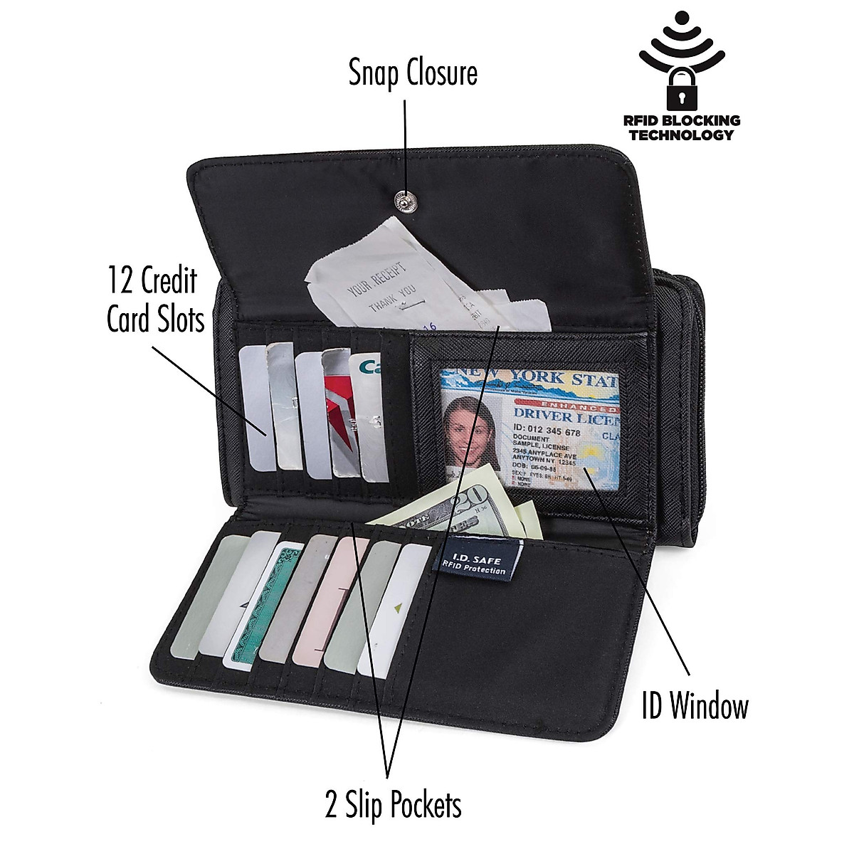 Nautica Bulk Cargo Womens RFID Wallet Clutch Zip Around Organizer (Black)